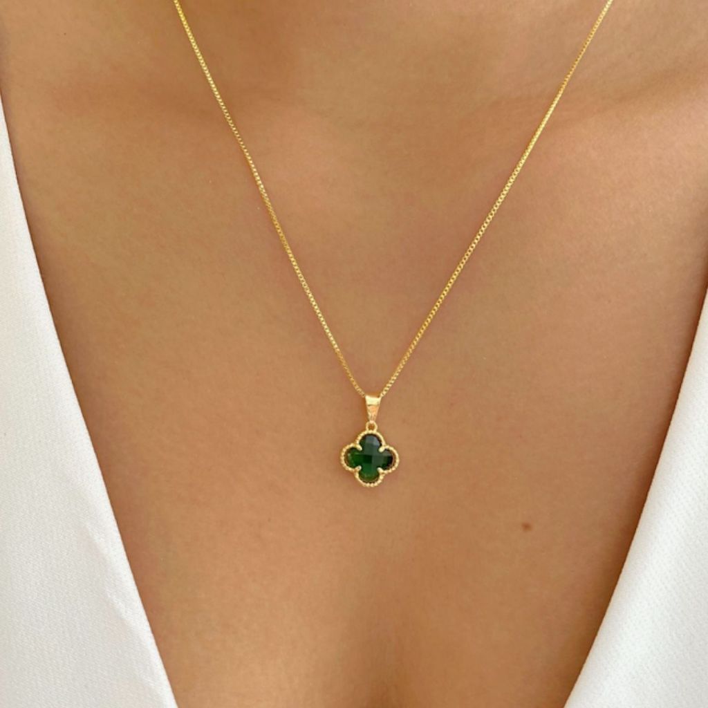 Colar Flor Trevo 4 Folhas Esmeralda Banhado a Ouro 18k | Shopee Brasil