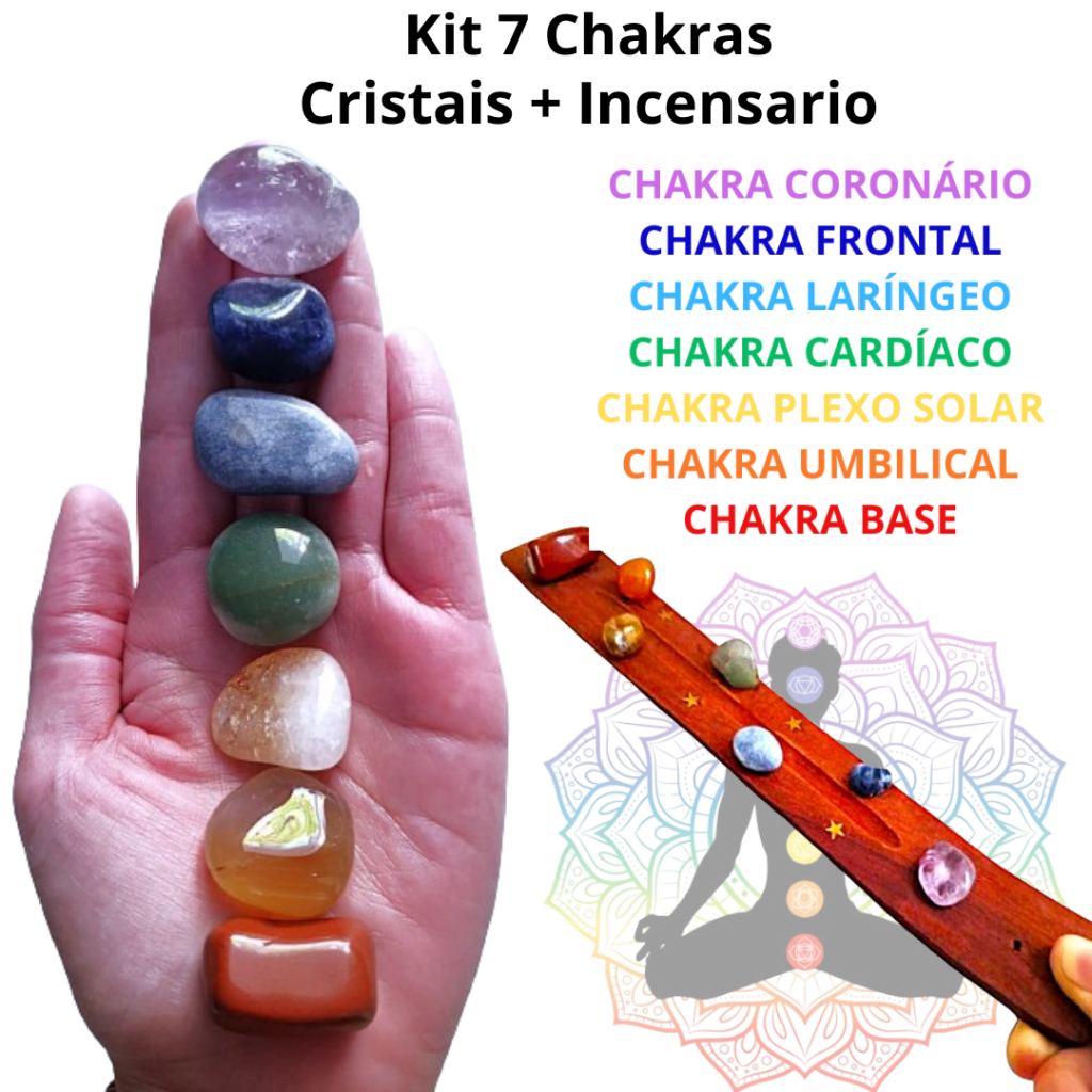 Kit 7 Pedras dos Chakras + Incensario De Madeira Sete Chakras/ Cristais ...