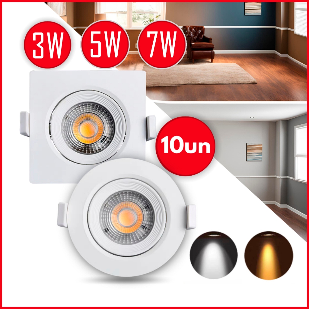 Kit 10 Spot led 3w 5w 7w Luminária Bivolt Direcionavel Quadrado Redondo Embutido Teto Sanca ...
