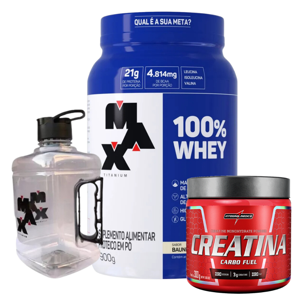 100% Whey Pote 900g - Max Titanium + Creatina Carbo Fuel - 300g ...
