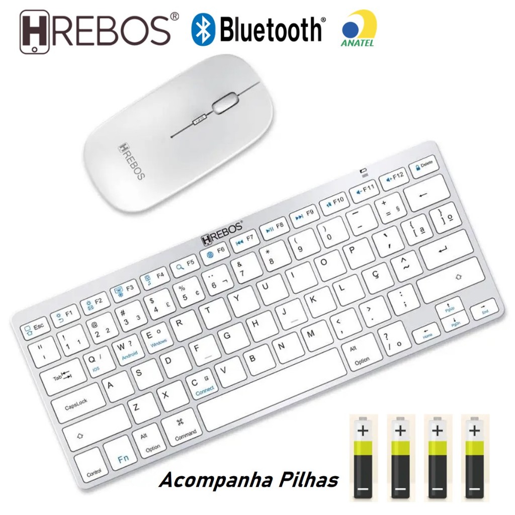 Kit Teclado Mouse Sem Fio Wireless Bluetooth HRebos Compacto Anatel NFe ...