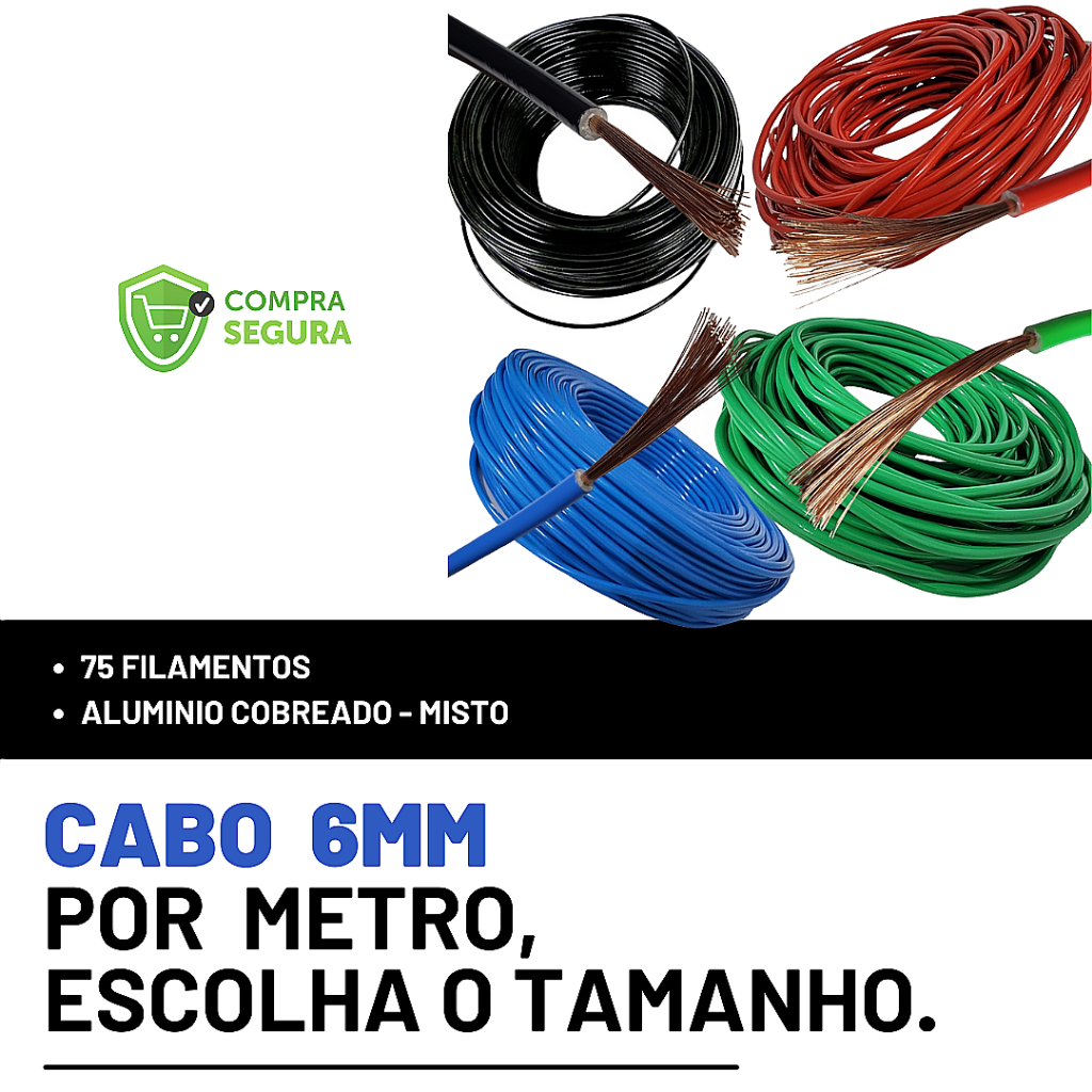Fio Eletrico 6mm POR METRO - Cabo Flexivel ANTICHAMA, Certificado (20mt ...