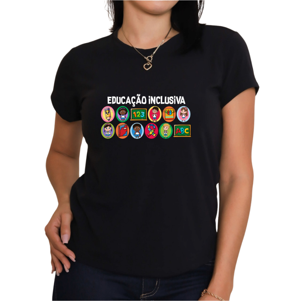 Camiseta babylook preta feminina educação inclusiva infantil escola ...