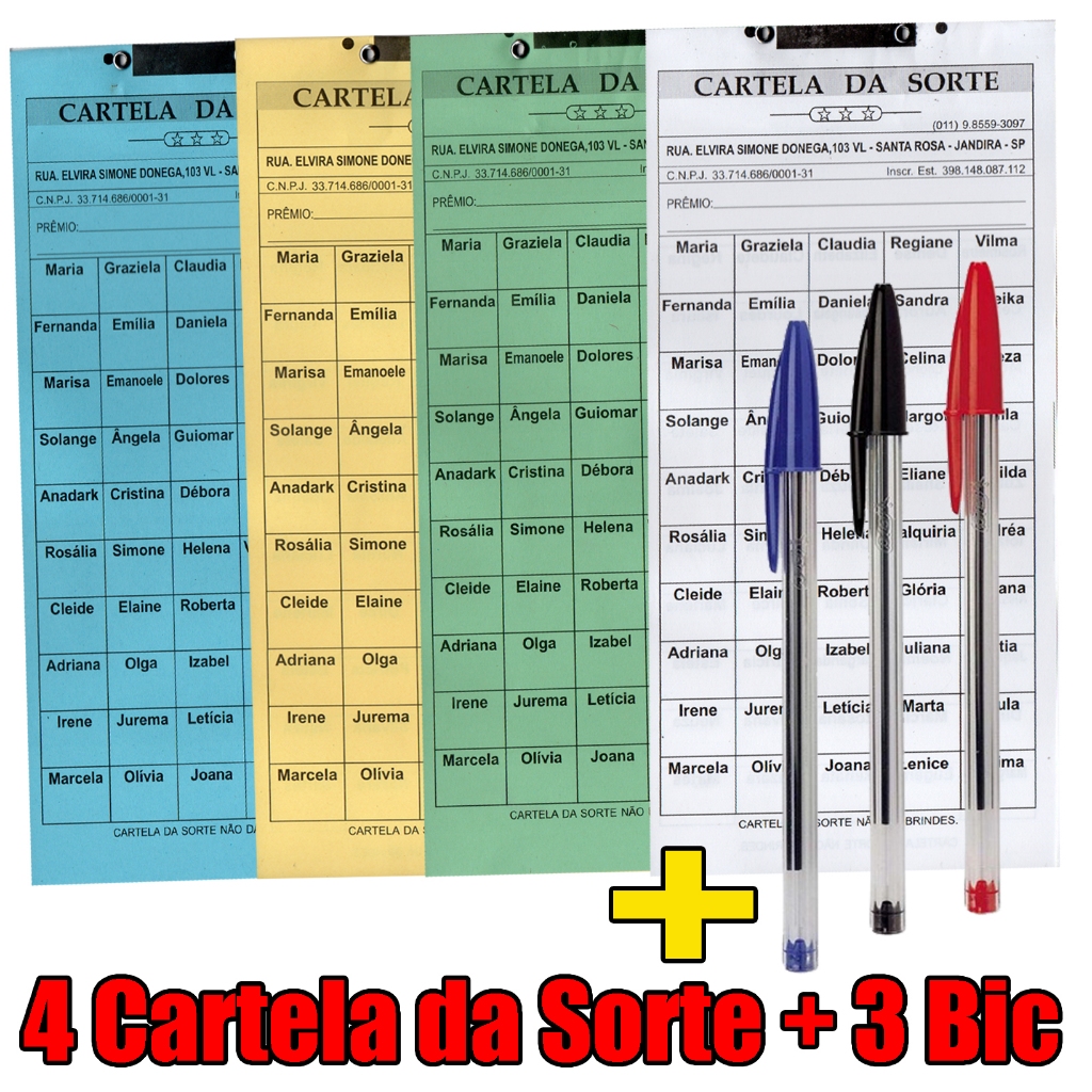 4 Cartelas de Rifa com 50 Nomes Cada uma Cores Sortidas 3 Caneta Bic | Shopee Brasil