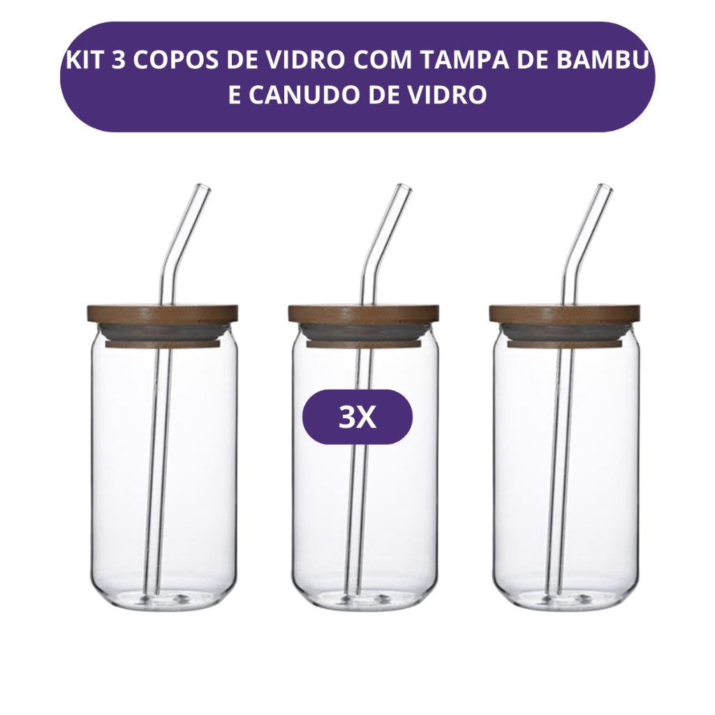 Kit 3 Copos de Vidro com Tampa de Bambu e Canudo de Vidro 540ml | Shopee Brasil