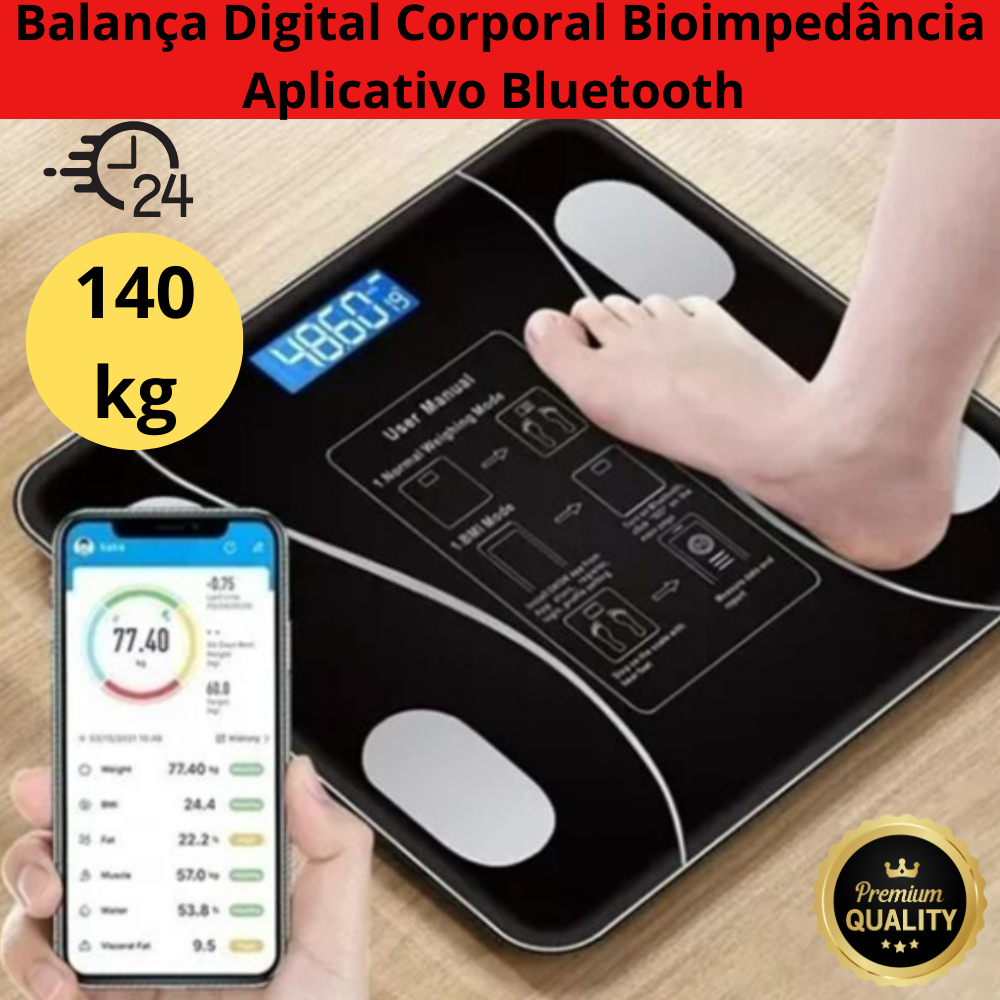 Balança Digital Corporal Bioimpedância Aplicativo Bluetooth 140kg ...