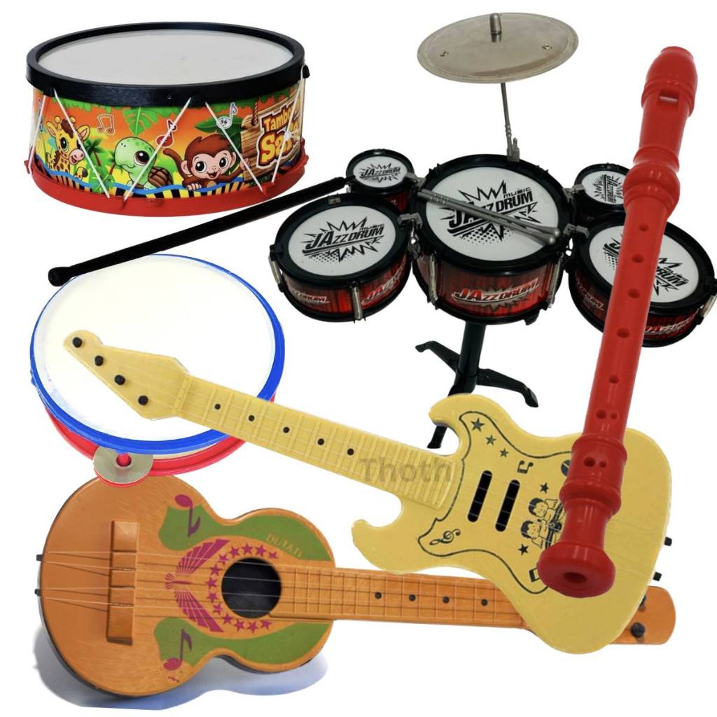 Kit Bateria Infantil Musical Brinquedos Educativo 6 Instrumentos Tambor Violão pandeiro Flauta ...