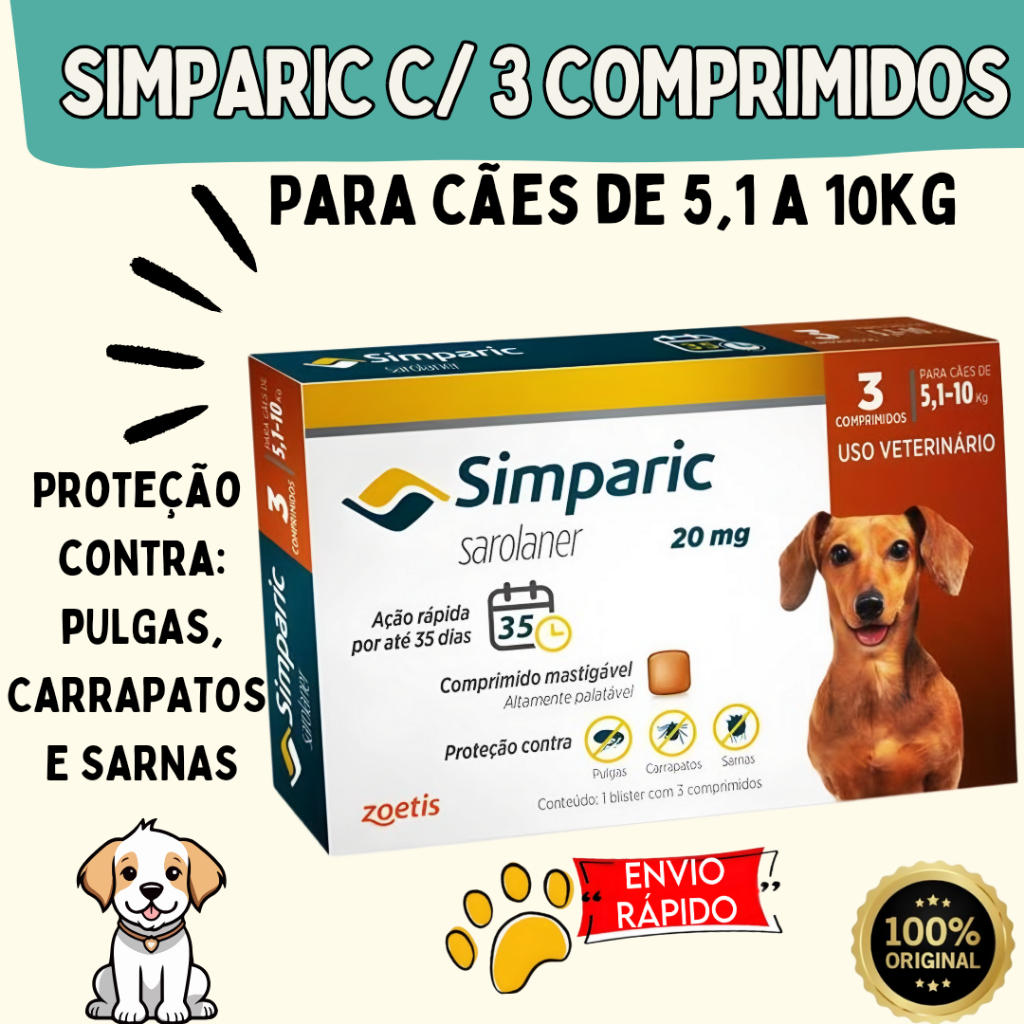 Simparic 20mg cx com 3 comprimidos para cães de 5,1 a 10kg, antipulgas ...