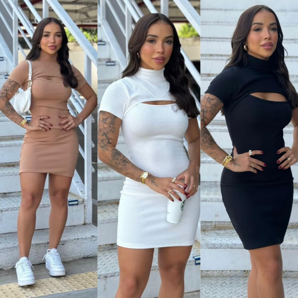 Vestido Feminino Manga Curta Gola Alta Com Decote Vazado PLUS SIZE ...