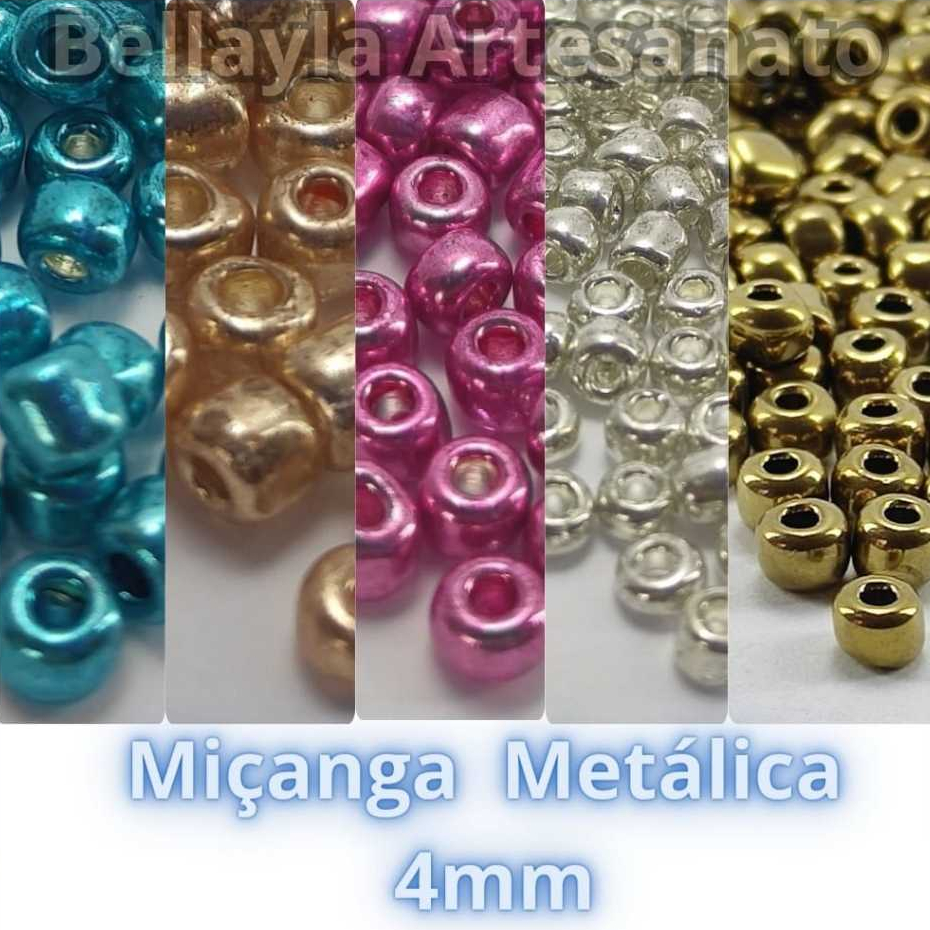 Miçanga Dourada, Prateada, Azul Metálico e Rosa Metálica 4mm, +ou- 360 ...