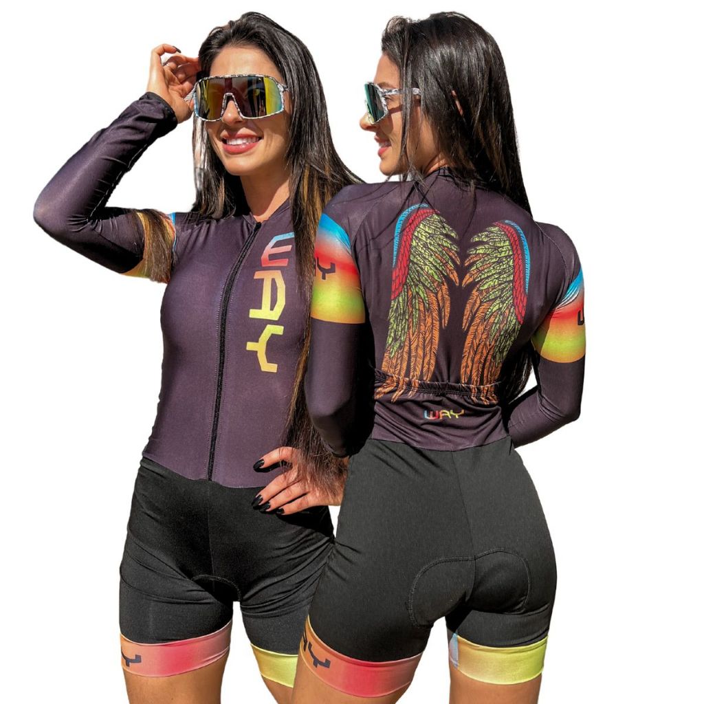 Macaquinho Ciclismo Feminino Macacão Manga Longa Asas Forro Gel Alta Densidade Almofadado Bike ...