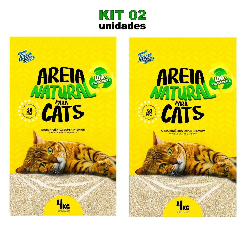 KIT COM 2 AREIA HIGIÊNICA NATURAL BIODEGRADÁVEL MILHO E MANDIOCA PARA GATOS TIGER CATS 4KG ...