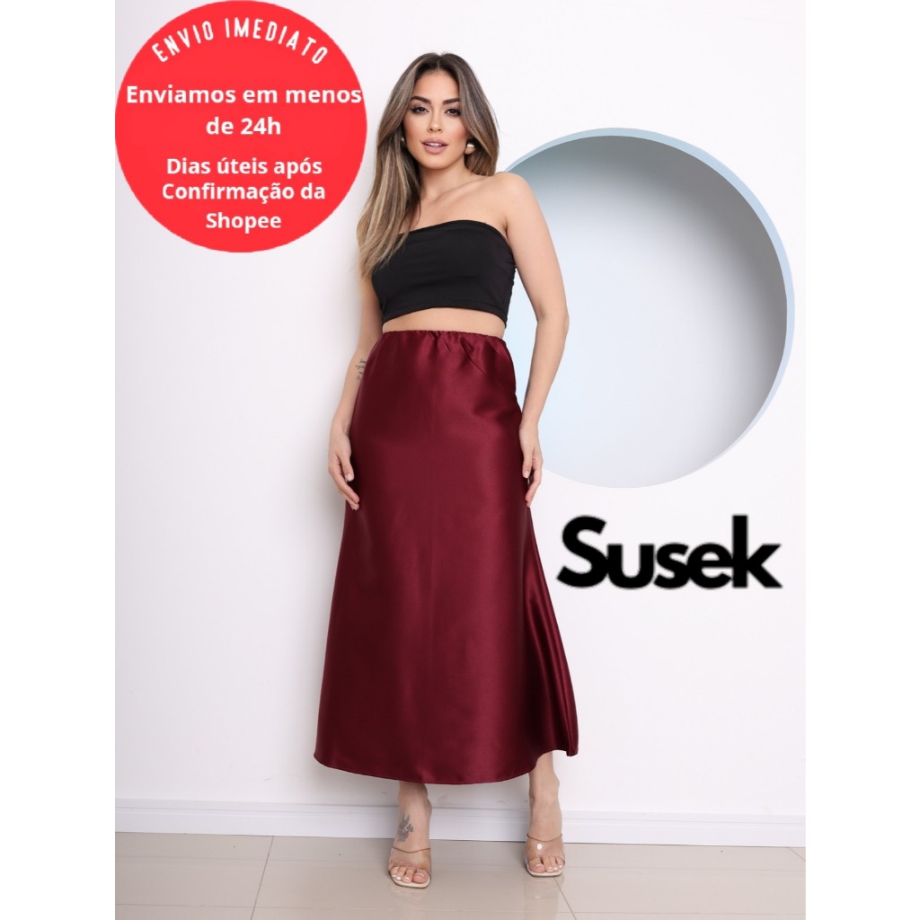 Susek Moda Saia Feminina Longa Cetim Cintura Alta Coleção Nova C172 ...