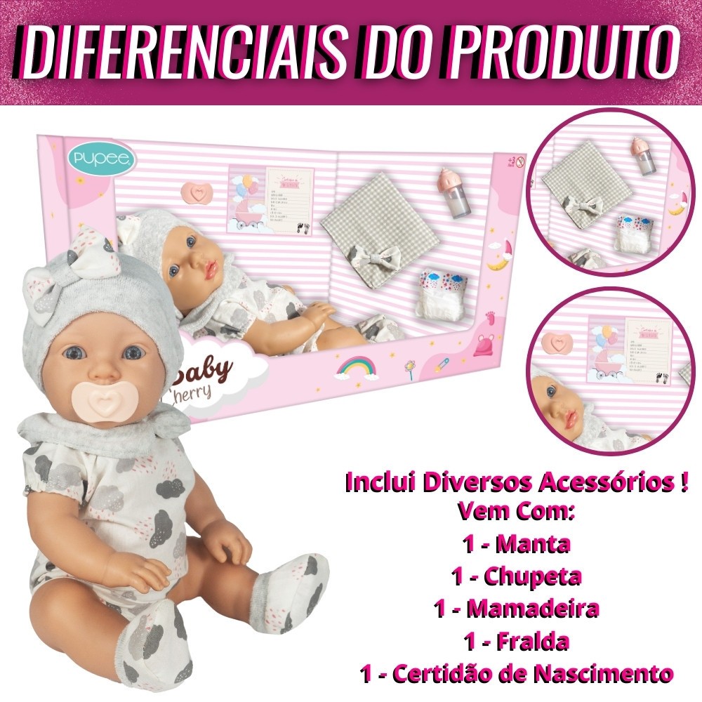 BONECA BRINQUEDO BEBÊ ME BABY CHERRY COM ROUPINHA E CERTIDÃO DE ...
