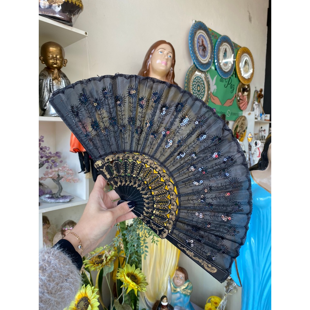 Leque Preto | Leque Pomba Gira | Leque decorado | Shopee Brasil