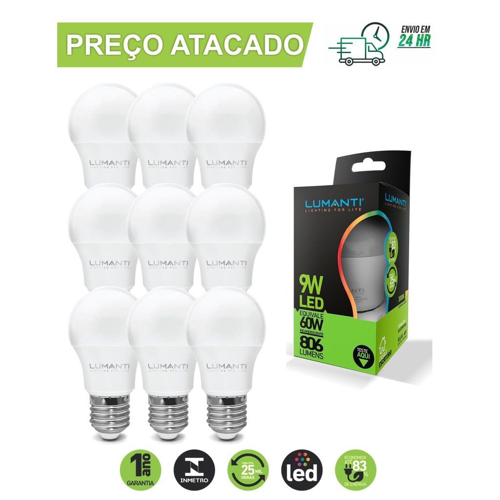KIT 10 Lampadas Super Bulbo LED Forte 9w Branco Frio 6500K 1 Ano Garantia Bivolt Lumanti ...