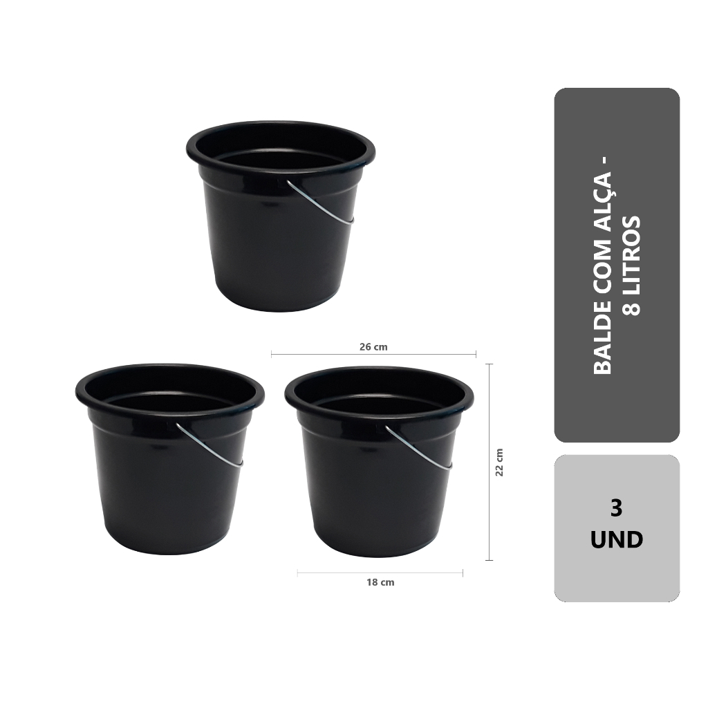 3 Unidades Balde Plástico Reforçado Preto Com Alça de Aço 8 Litros ...
