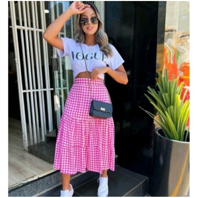 Saia xadrez midi rosa três marias quadriculada mid soltinha | Shopee Brasil