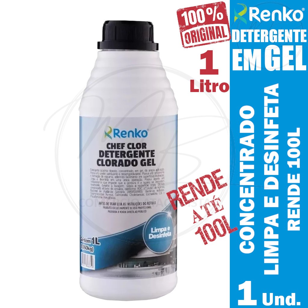 Detergente Clorado Gel Chef Clor Renko 1 Litro Limpa E Desinfeta 1L ...