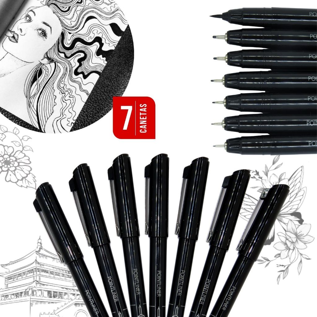 Kit 7 Canetas Ponta Fina Pointliner Nanquim Fine Line Estojo | Shopee ...