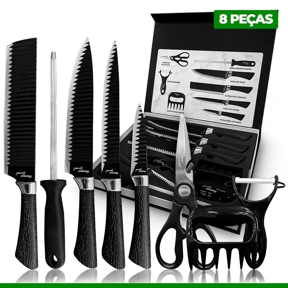 Kit de Facas peças Inox Churrasco Cozinha com Garra Amolador preto ...