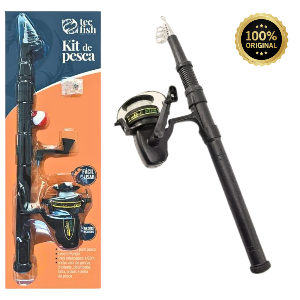 KIT DE PESCA COMPLETO TECFISH KTC-1000 - VARA TELESCÓPICA 1.65M, MOLINETE, CHUMBADA, BÓIA ...