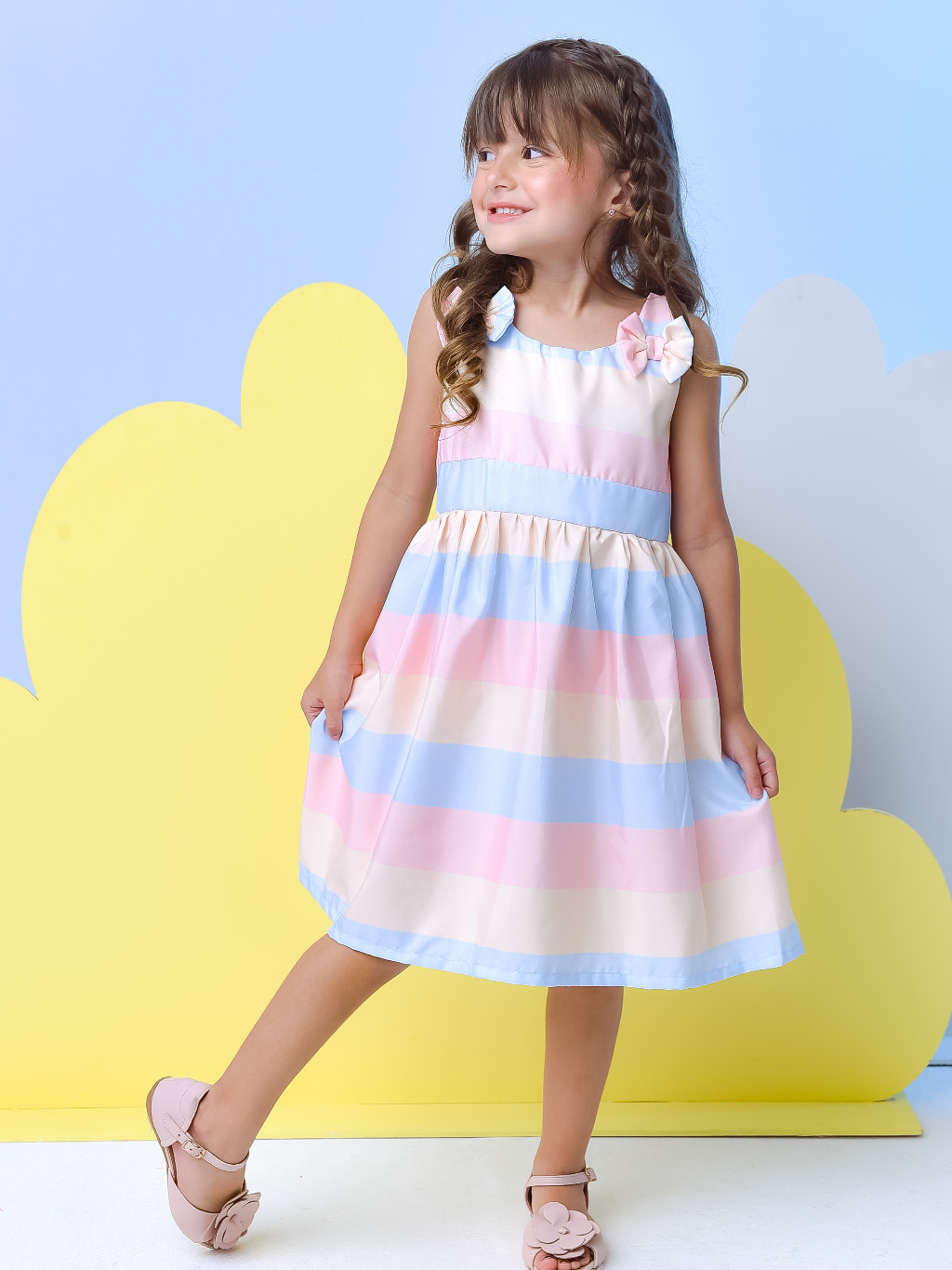 Vestido infantil Menina Moda Listrado Com Laço Ombro Rodado Princesa ...