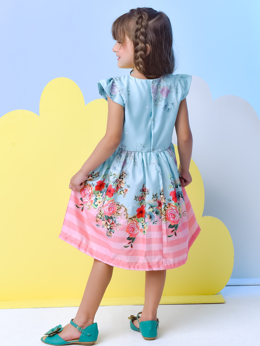 Vestido infantil Menina Moda Listrado Com Laço Ombro Rodado Princesa ...