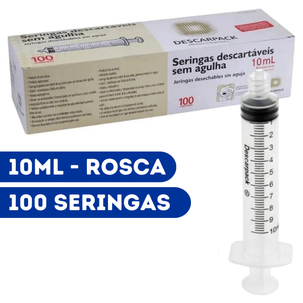 Seringa 10ml 100un Rosca Luer Lock Sem Agulha Descarpack/SR | Shopee Brasil
