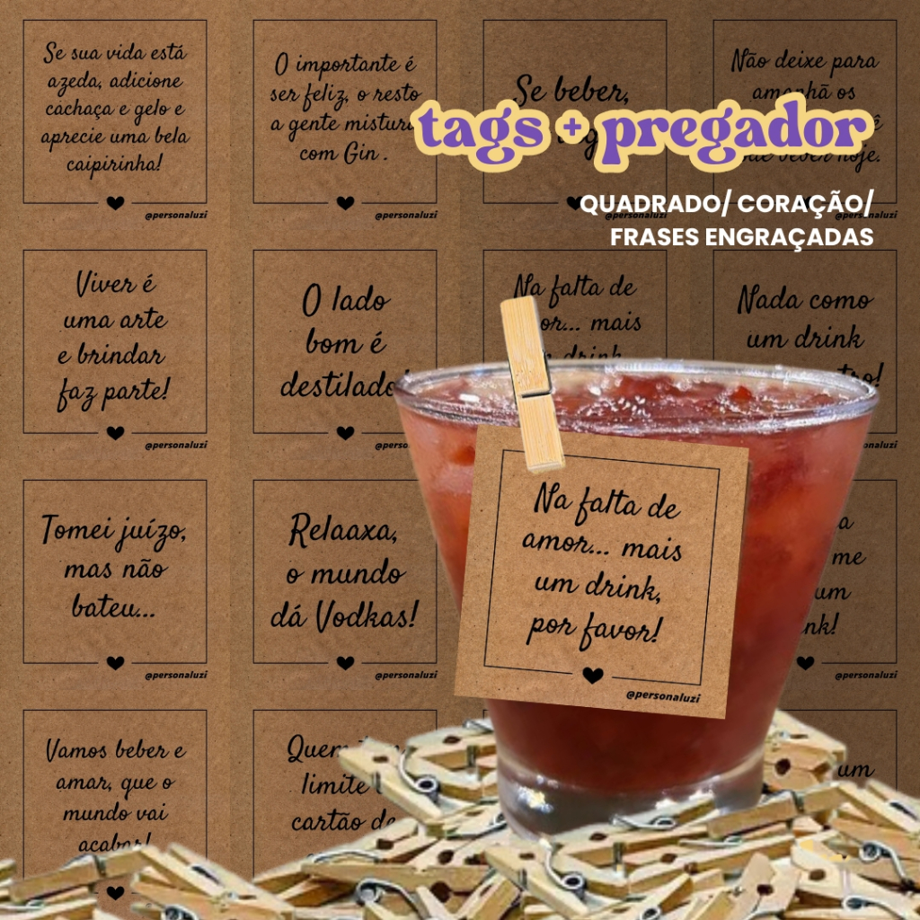 Kit tags para drinks com mini pregador frases divertidas kraft corações ...
