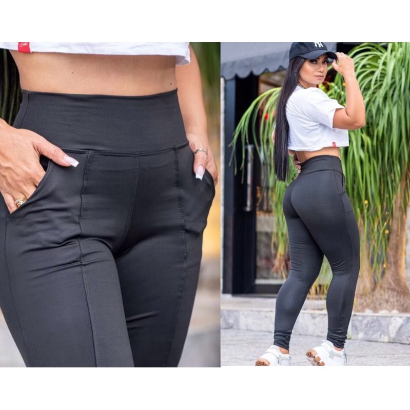 Calça Legging Grossa Para Dia Dia ou Academia Cintura Alta Com Bolso ...