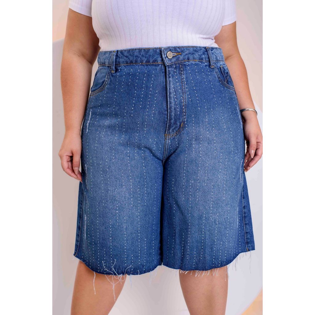 Jorts Jeans Plus Size Pedal Sem Lycra, Cintura Alta Detalhe De Bilho ...