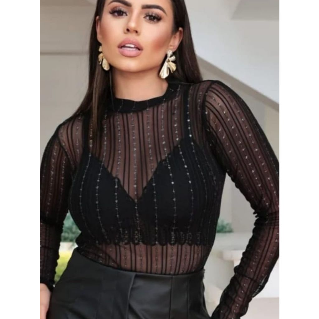 Body Tule Brilhoso Gola Alta e Manga Longa: Glamour e Elegância para ...