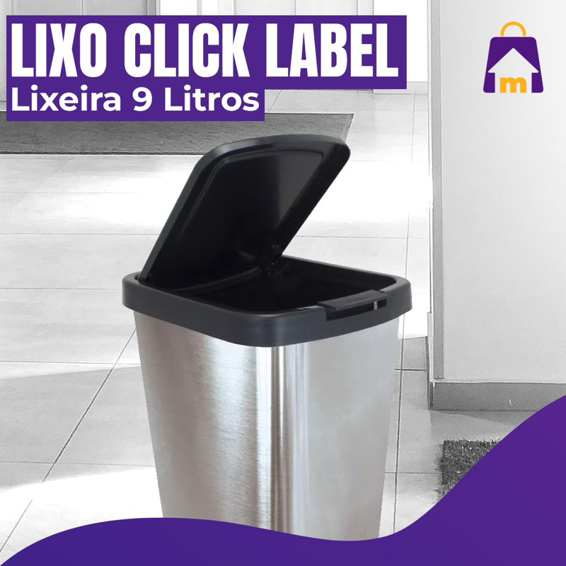 Lixeira Cesto Lixo com Tampa Click Label 9 Litros | Shopee Brasil