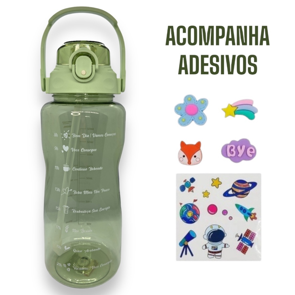 Garrafa de Água Kit 3 em 1 transparente Squeeze 2 litros Grande Galão com canudo Academia treino ...