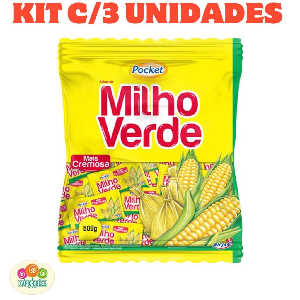 Kit com 3 BALA RICLAN POCKET MILHO VERDE PC 500G | Shopee Brasil
