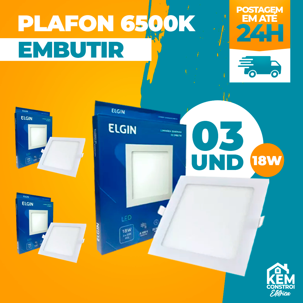 Luminária Plafon Painel LED Downlight 18w Embutir Quadrado Elgin Luz Branca 6500k bivolt ...