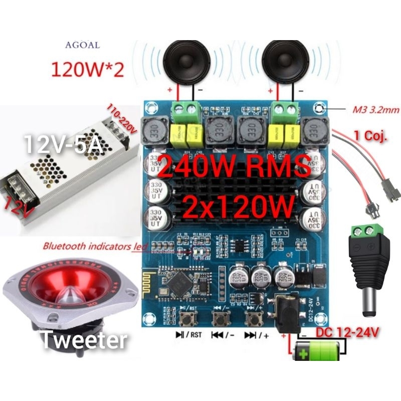 Mini Amplificador 200W RMS 2x50w + 100W 12v-24v Bom para PC | Shopee Brasil