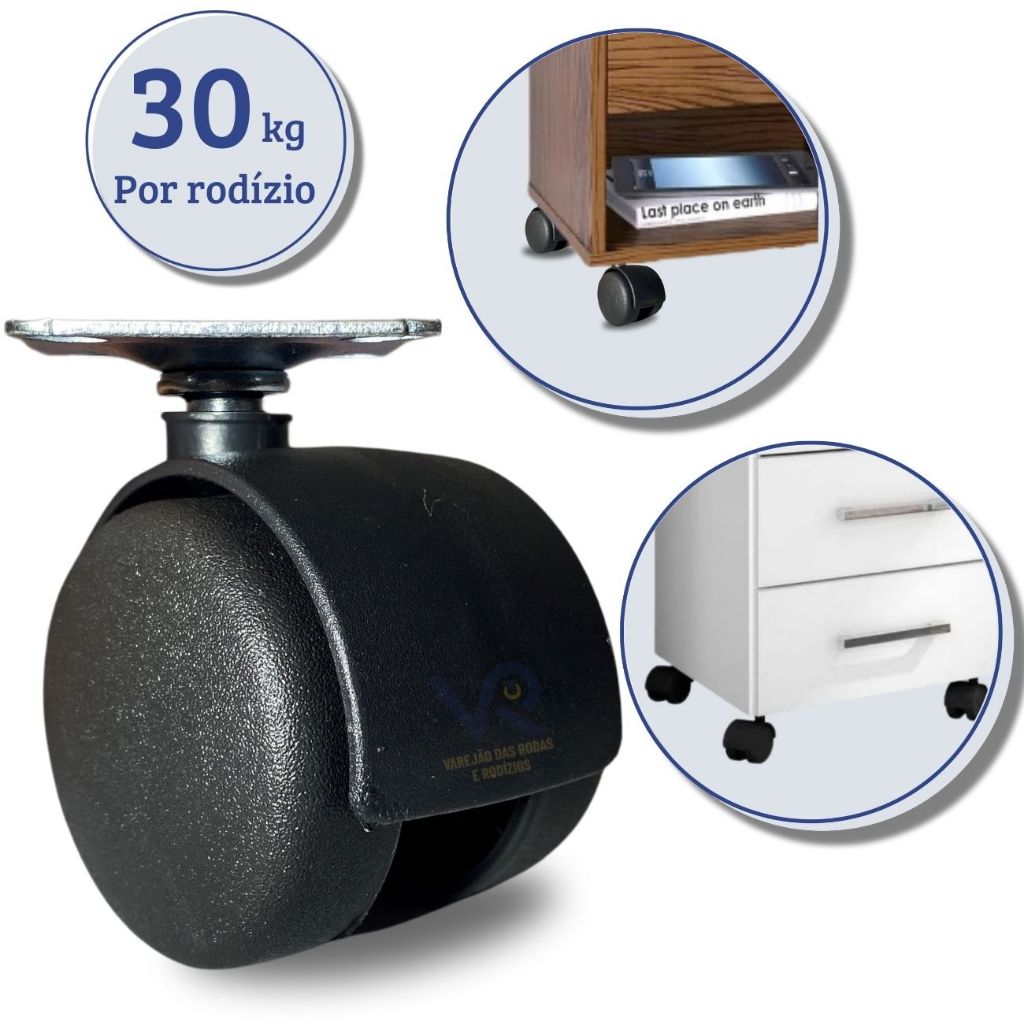 Kit de Rodinhas Para Móveis Rack Armário Mesinha 6,5cm Plastico Preta 6 ...
