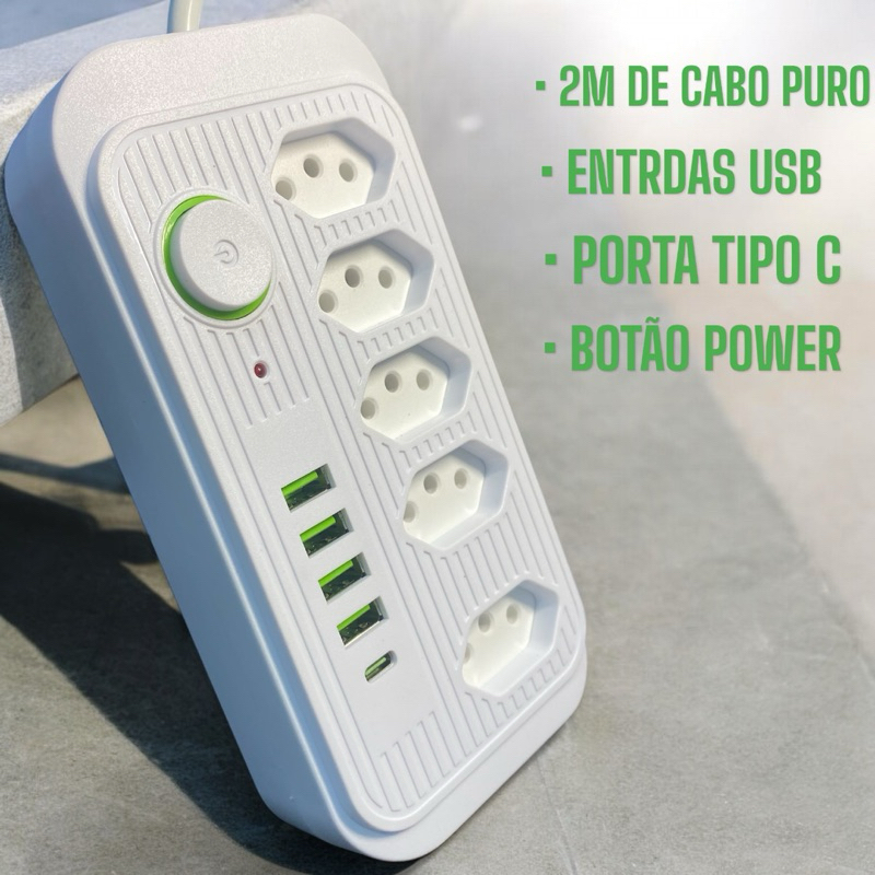 Filtro De Linha 5 Tomadas + 5 Usb Tipo C Extensão De 2 Metros | Shopee Brasil