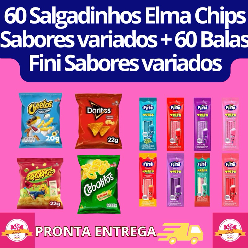 kit com 60 Salgadinhos Elma Chips sabores variados +60 Balas Fini Sabores variados | Shopee Brasil