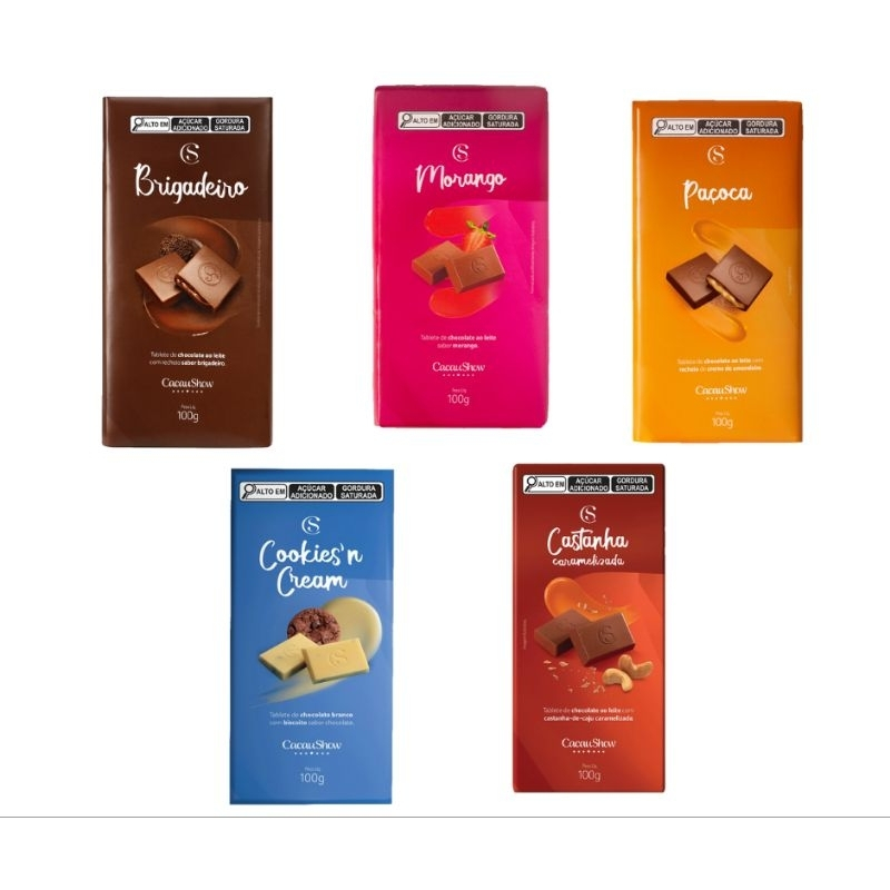Tabletes Barra Chocolate sabores Cacau Show 130g Morango Paçoca ...