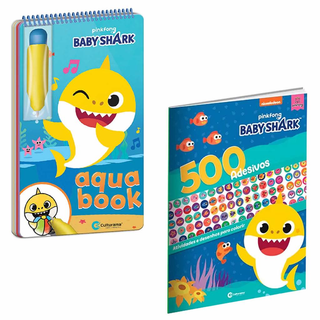 Kit 2 Livros Baby Shark 500 Adesivos + Aquabook Pincel Pintar com Agua ...