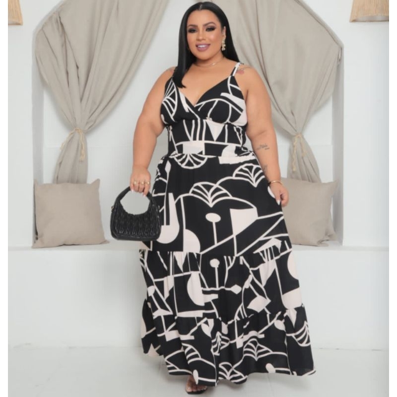 Vestido longo alça plus size forrado 50/54 - Liane | Shopee Brasil