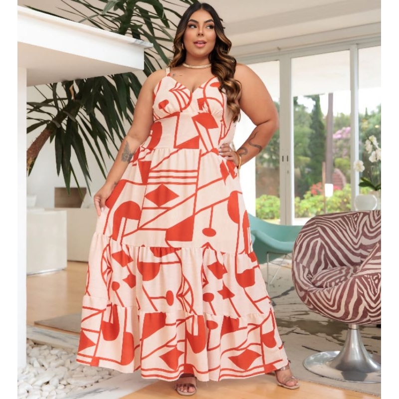 Vestido longo alça plus size forrado 50/54 - Liane | Shopee Brasil