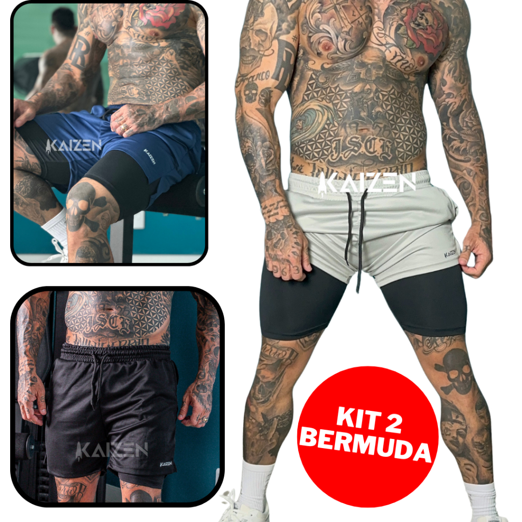 kit 2 Shorts 2 em 1 kaizen sports para treinar bermuda dupla fitnes ...