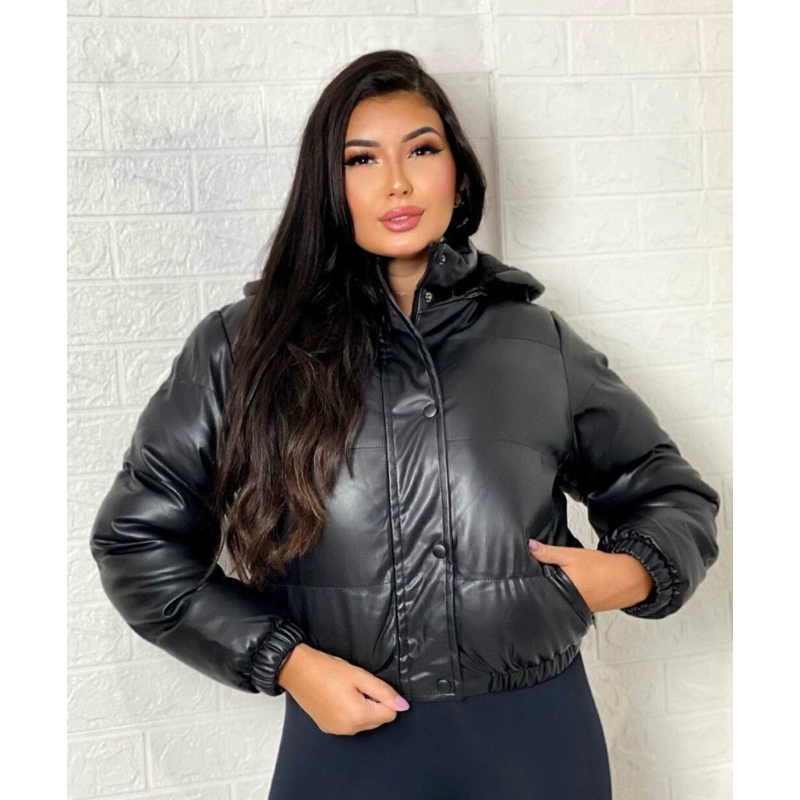 JAQUETA PUFF COURO PRETO COM TOUCA | Shopee Brasil
