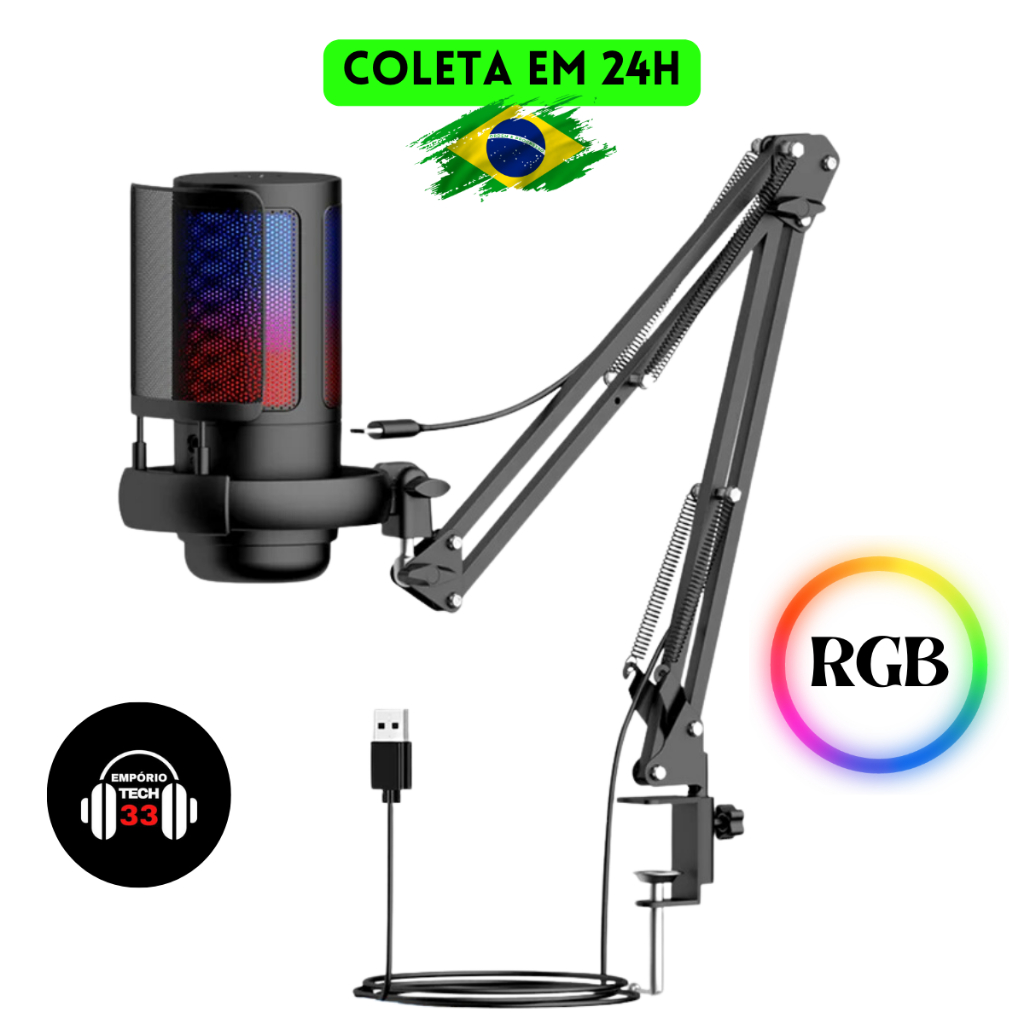 Microfone Gamer Profissional USB com LED RGB Cardioide com Entrada P3 ...