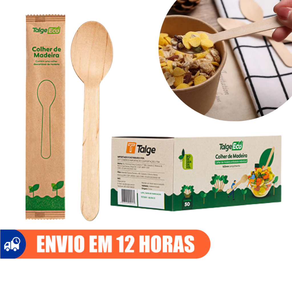 Colher de Madeira Descartável 50un Refeição Biodegradável Talge ...