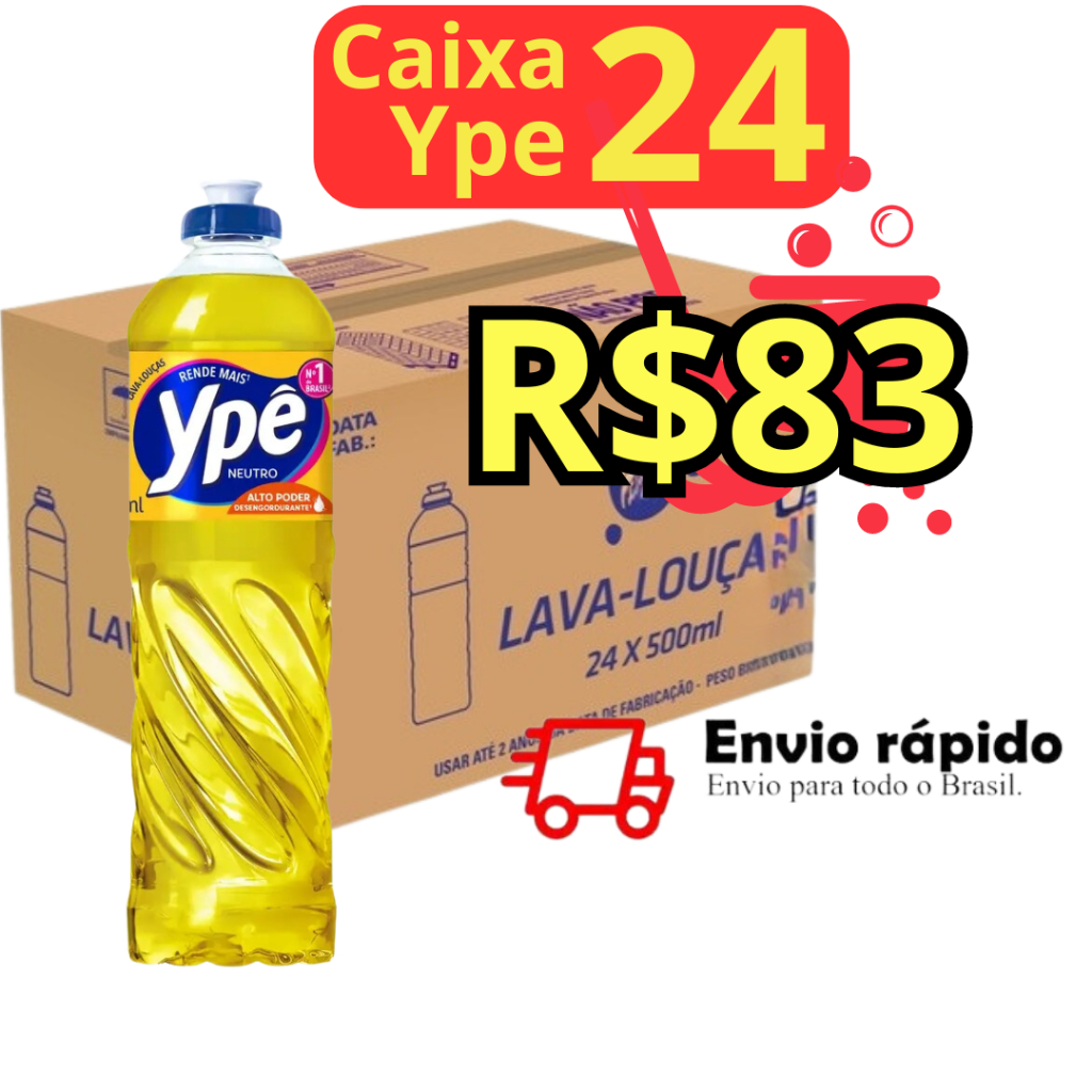 Caixa com 24 Detergente Lava Louças Líquido Ypê Neutro Amarelo 500Ml ...